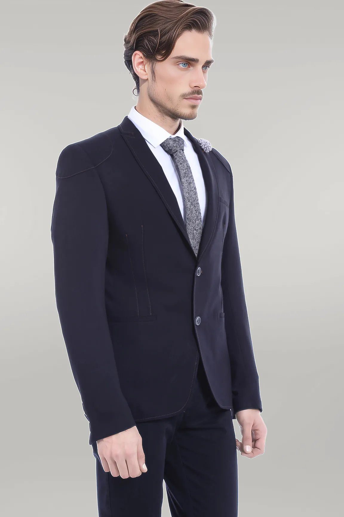 2 Button Shoulder Split Cotton Black Jacket