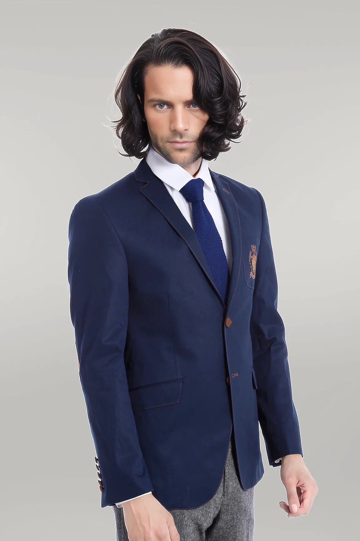 2 Buttons 3 Pockets Crested Cotton Blue Jacket