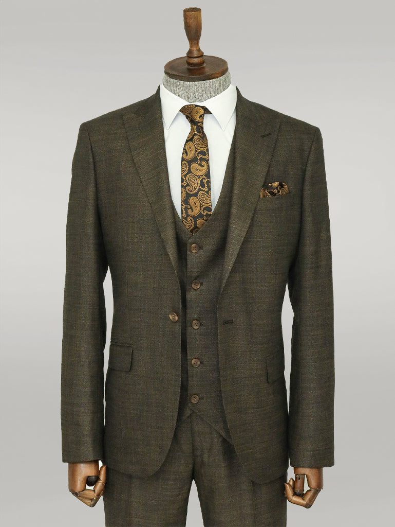 3 -Piece Single Button Peak Lapel Khaki Men Suit