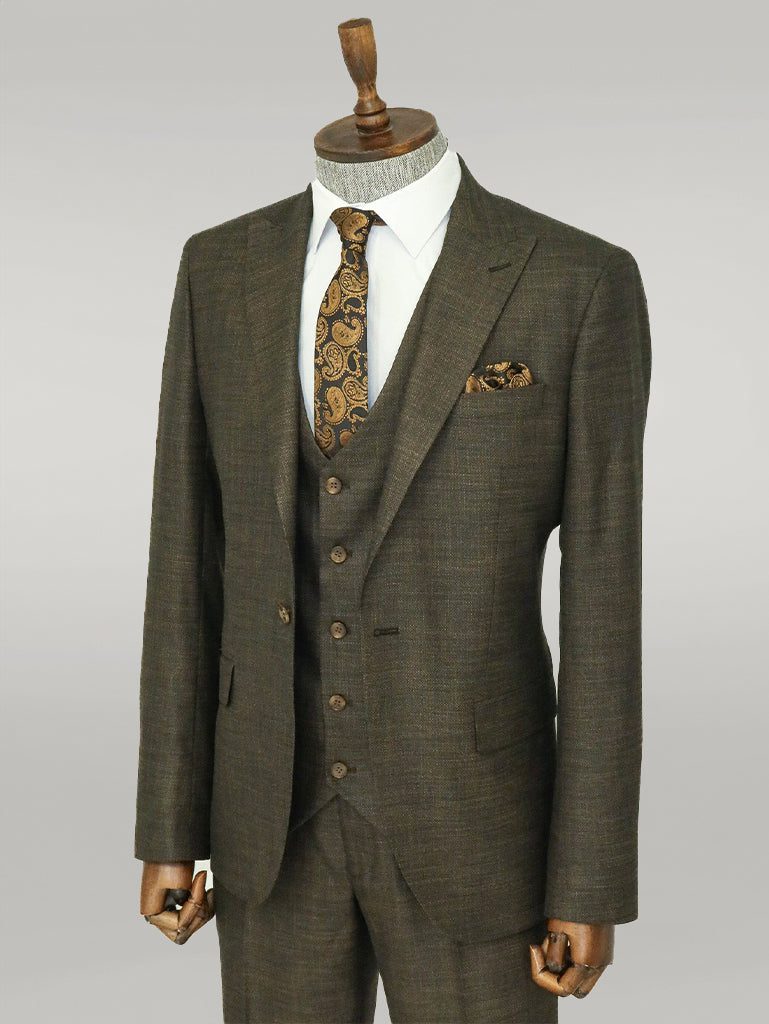 3 -Piece Single Button Peak Lapel Khaki Men Suit