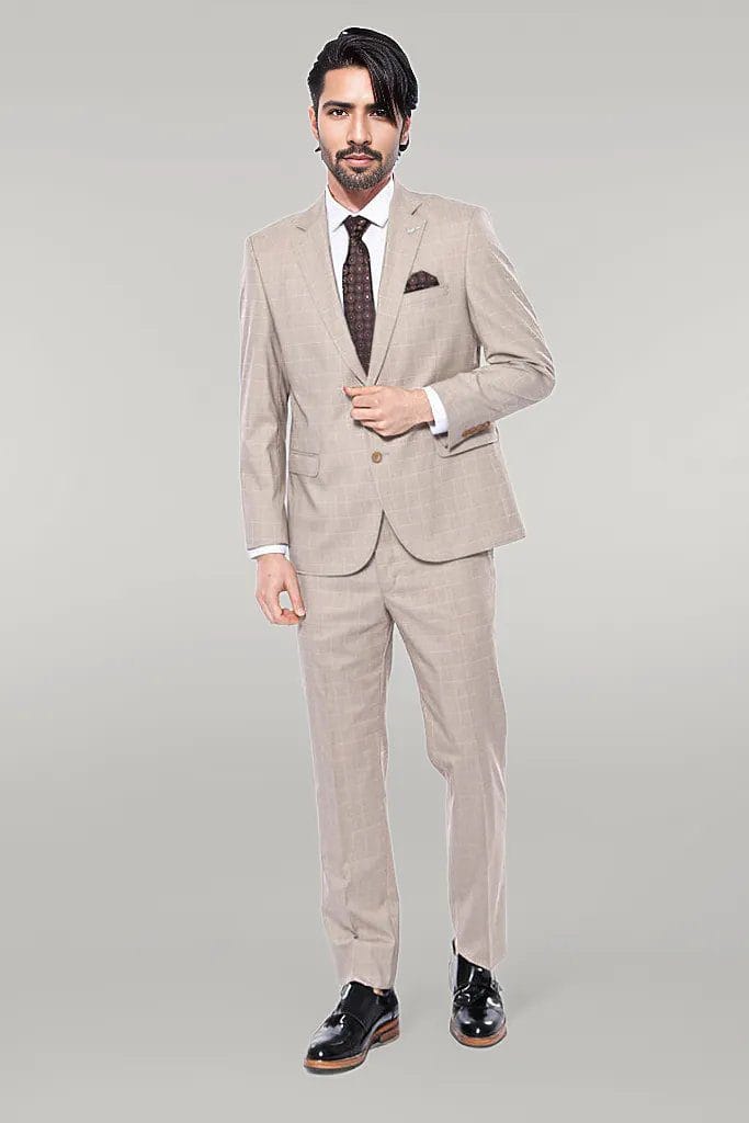 4 Drop Checked Regular Fit Beige Suit