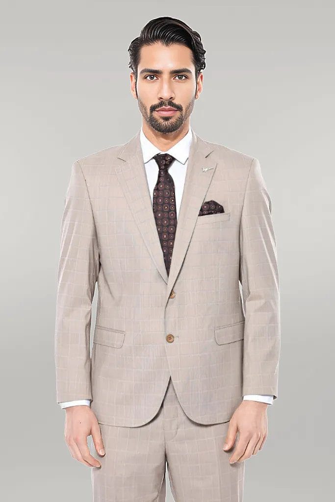 4 Drop Checked Regular Fit Beige Suit