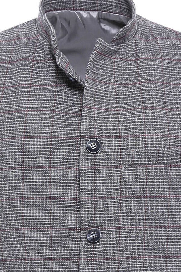 Beige Checked Mandarin Collar Cachet Vest