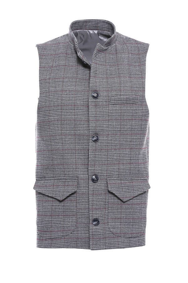 Beige Checked Mandarin Collar Cachet Vest
