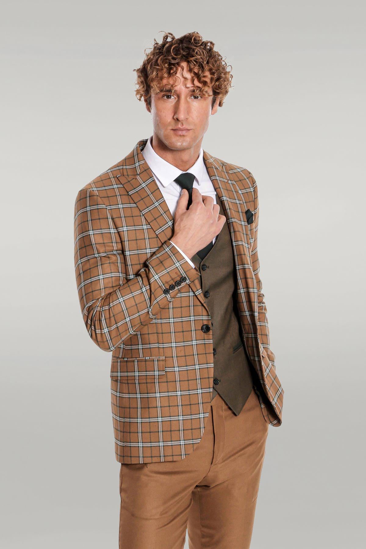 Brown Vested Slim Fit Checked Tan Men Suit