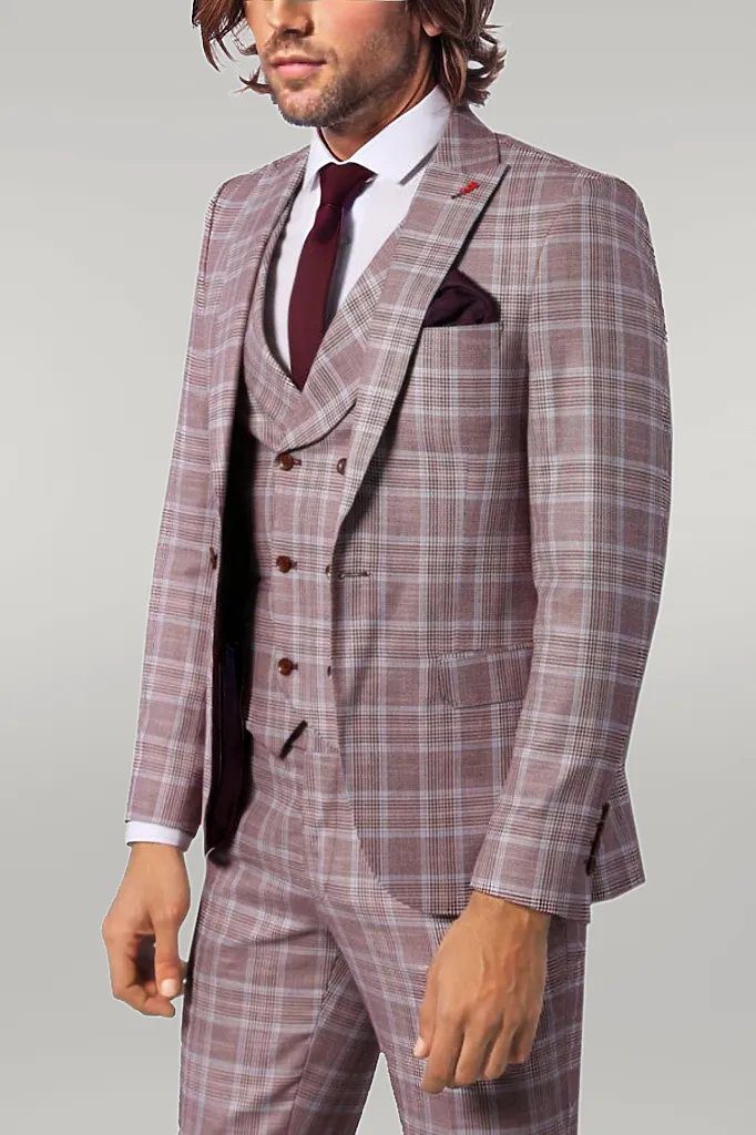 Burgundy Plaid Vested Slim Fit Italian Suit