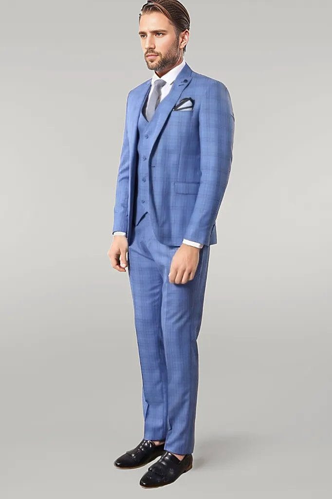 Checked Light Blue Men Suit