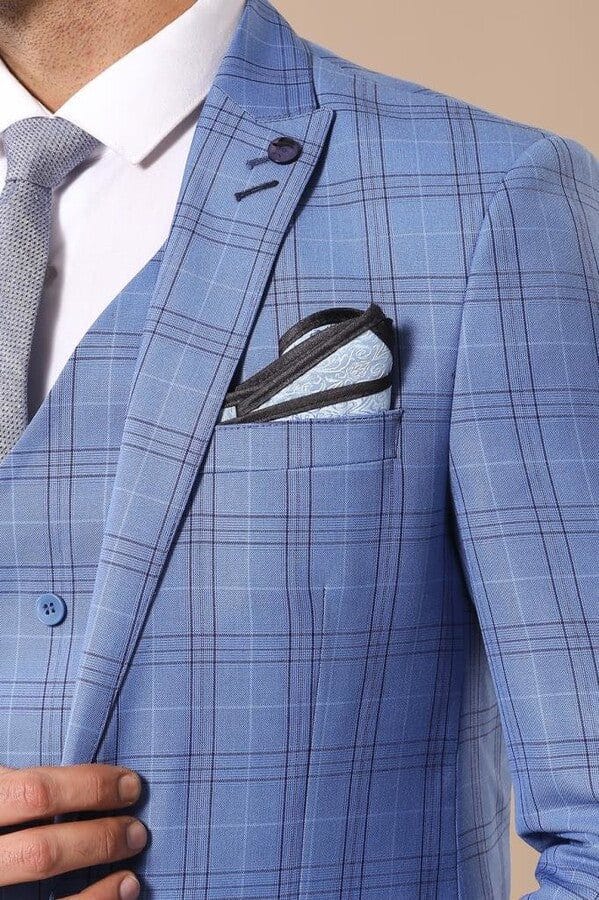 Checked Light Blue Men Suit
