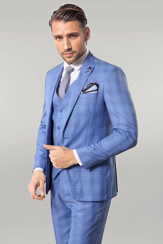 Checked Light Blue Men Suit