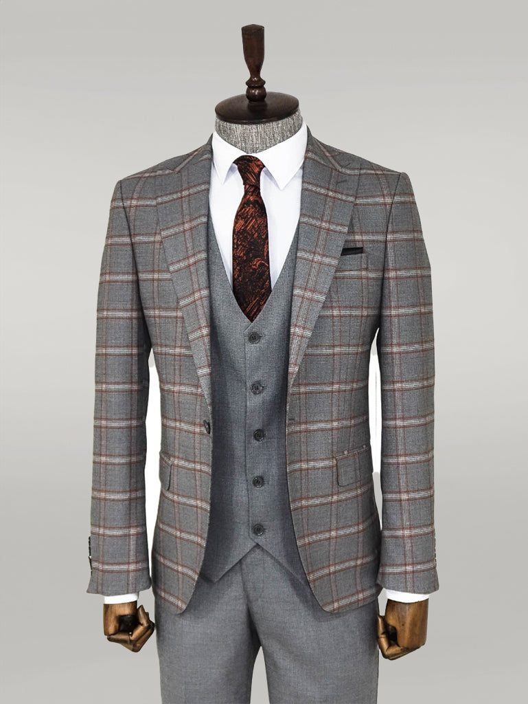 Checked Patterned Grey Slim Fit Suit