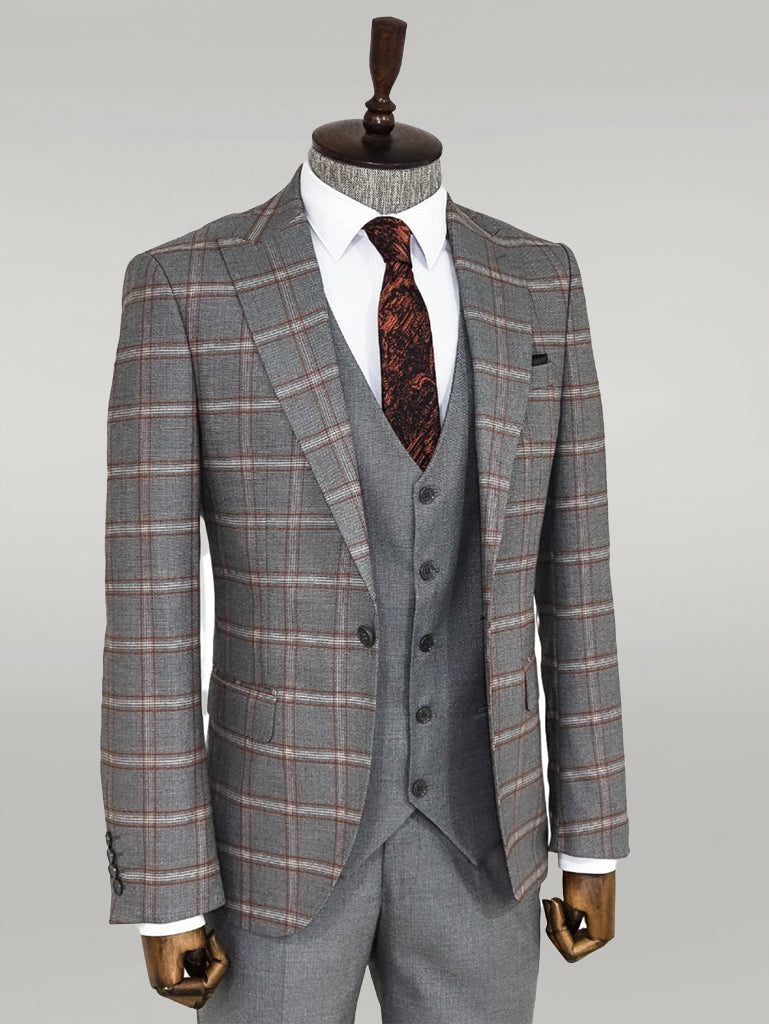 Checked Patterned Grey Slim Fit Suit