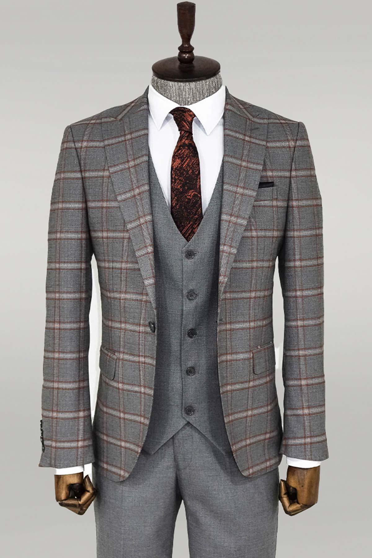 Checked Patterned Grey Slim Fit Suit