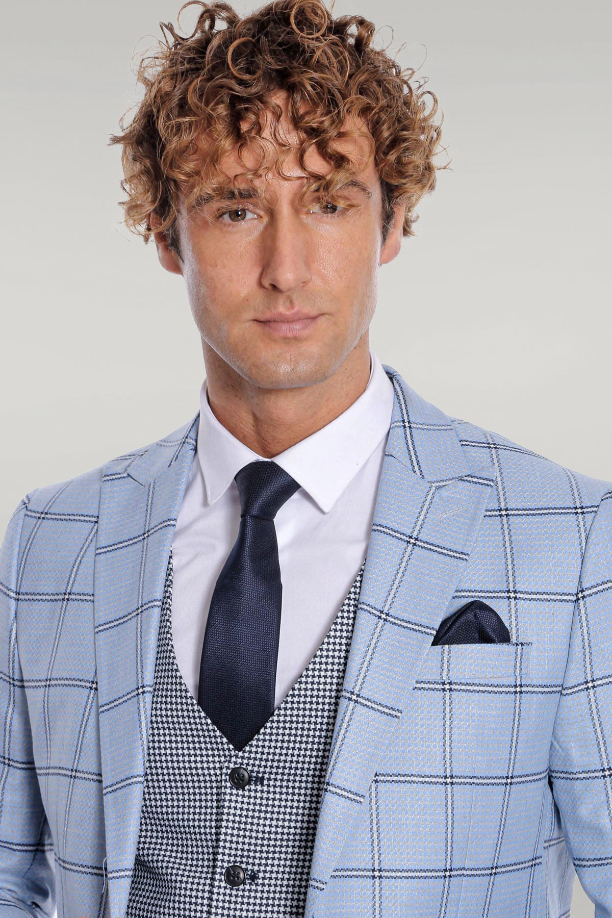 Checked Patterned Slim Fit Light Blue Men Suit