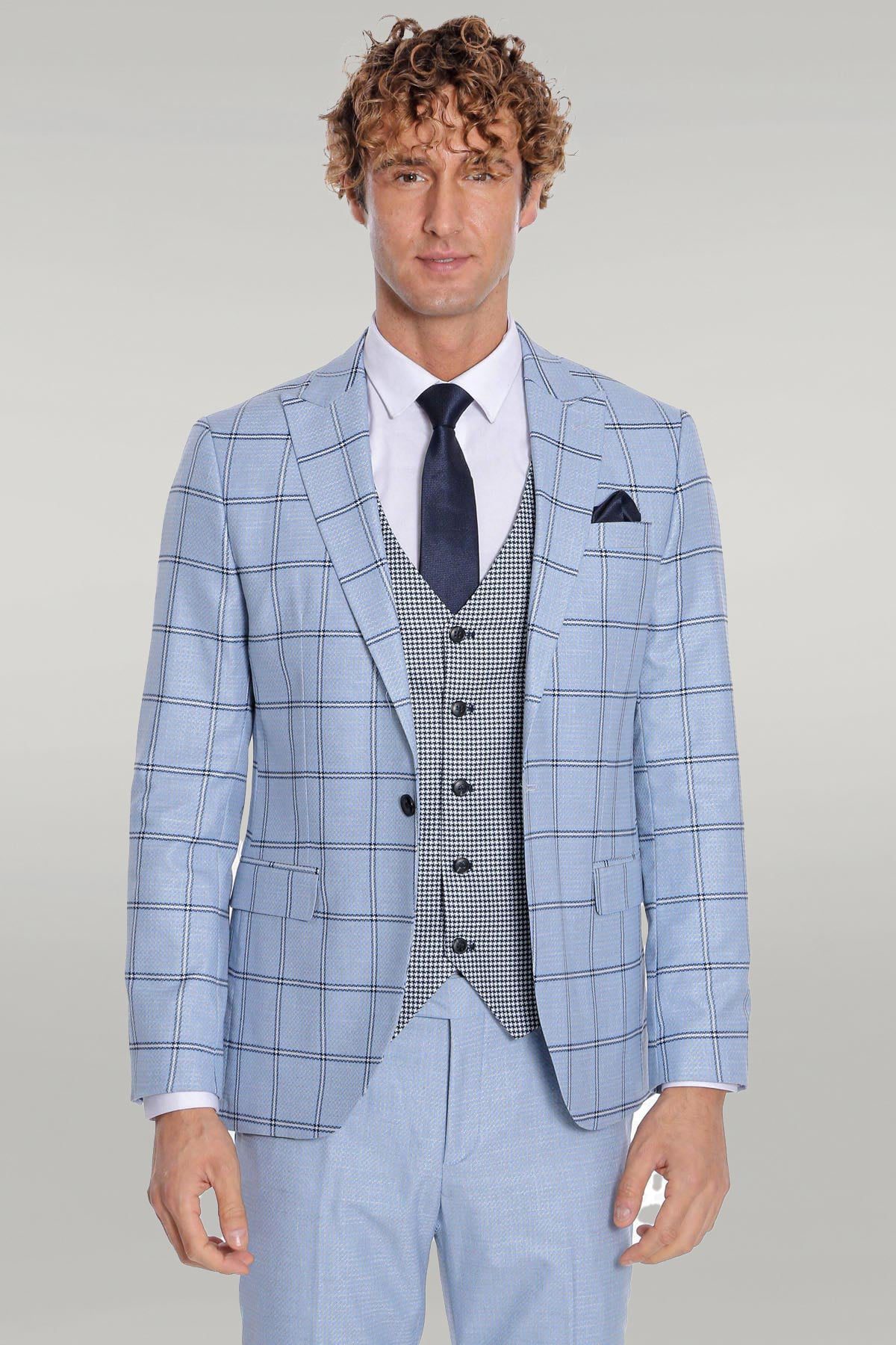 Checked Patterned Slim Fit Light Blue Men Suit