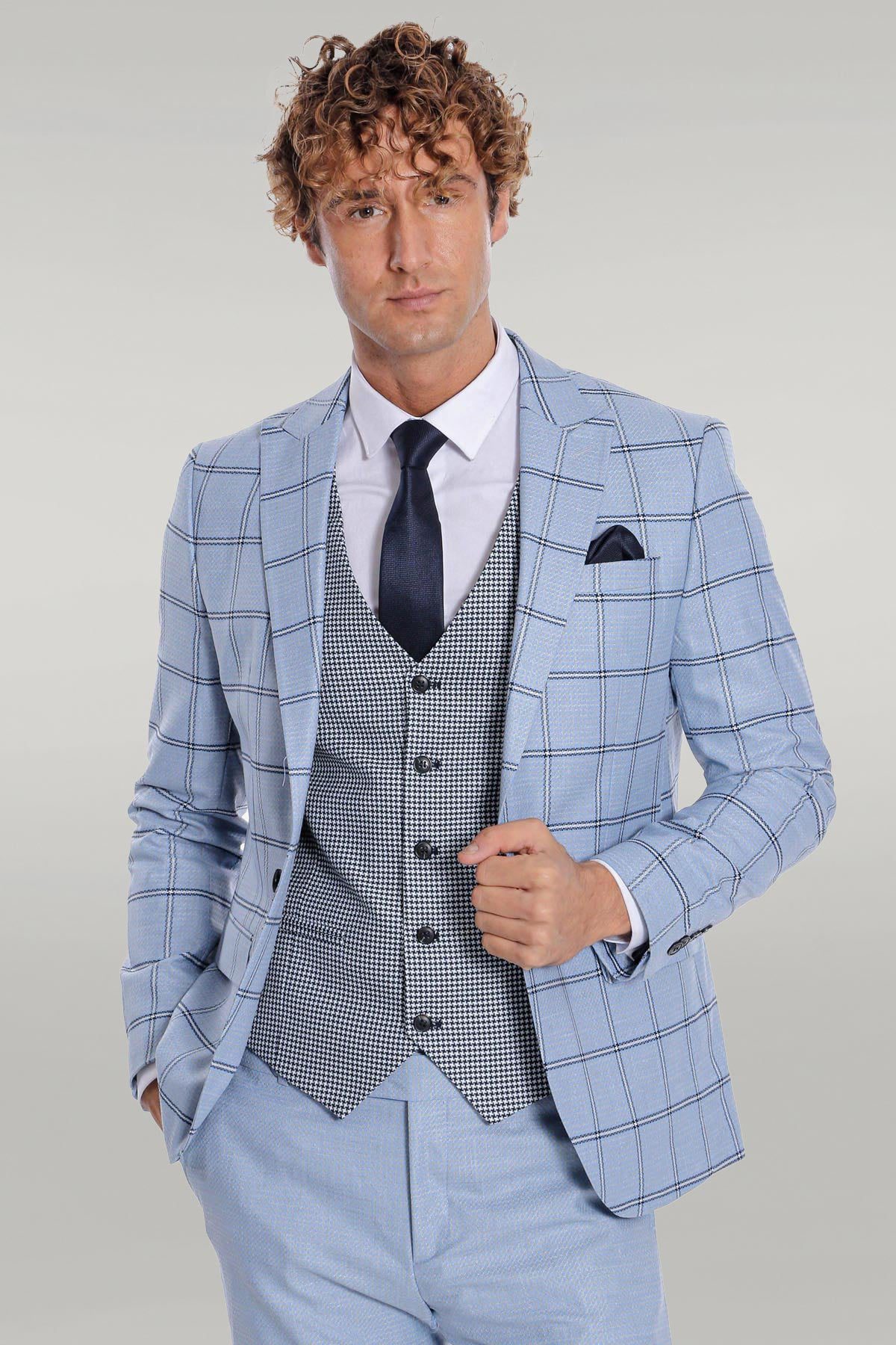 Checked Patterned Slim Fit Light Blue Men Suit
