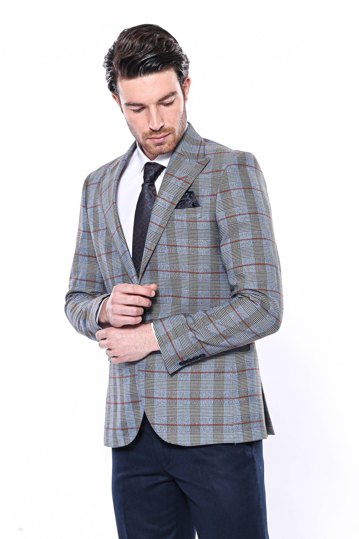 Checked Single Button Navy Blue Men Blazer