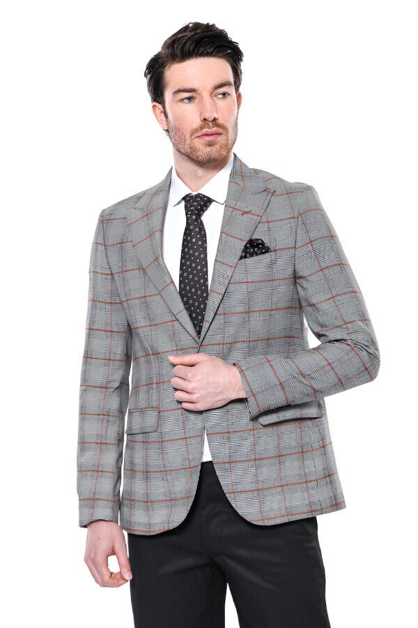 Checked Single Button Slim Fit Grey Men Blazer