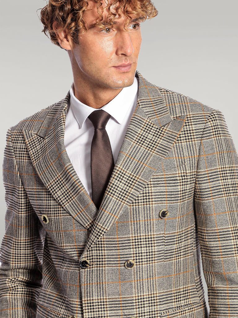 Double Breasted Checked Grey Men Blazer