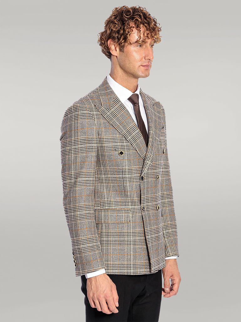 Double Breasted Checked Grey Men Blazer