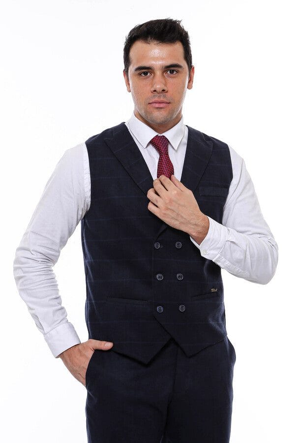 Double Breasted Plaid Navy Blue Men's Vest
