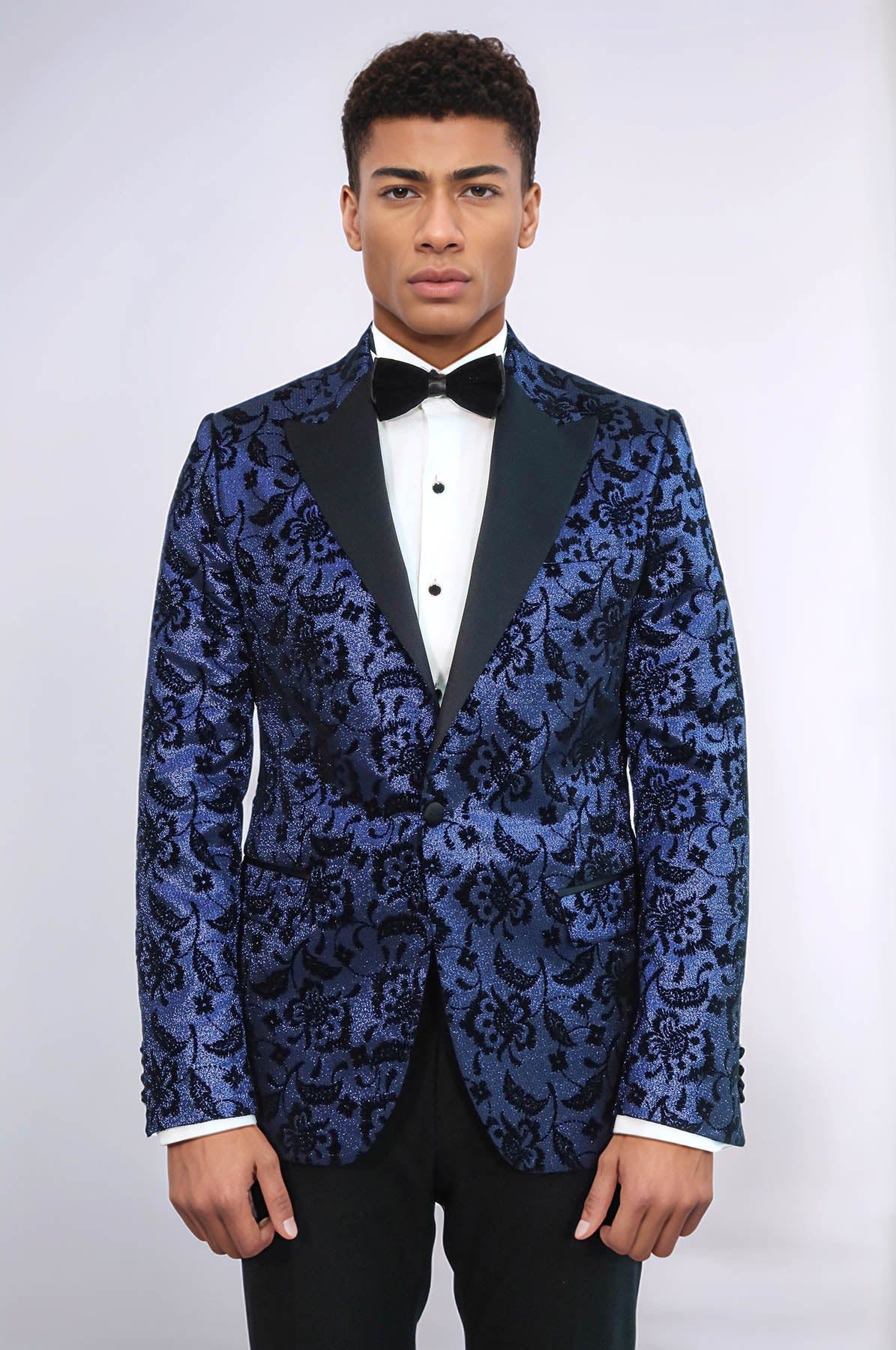 Floral Patterned Peak Lapel Navy Blue Men Stage Singer Jacket