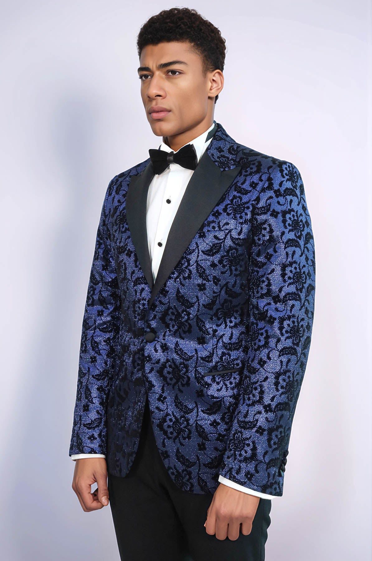 Floral Patterned Peak Lapel Navy Blue Men Stage Singer Jacket