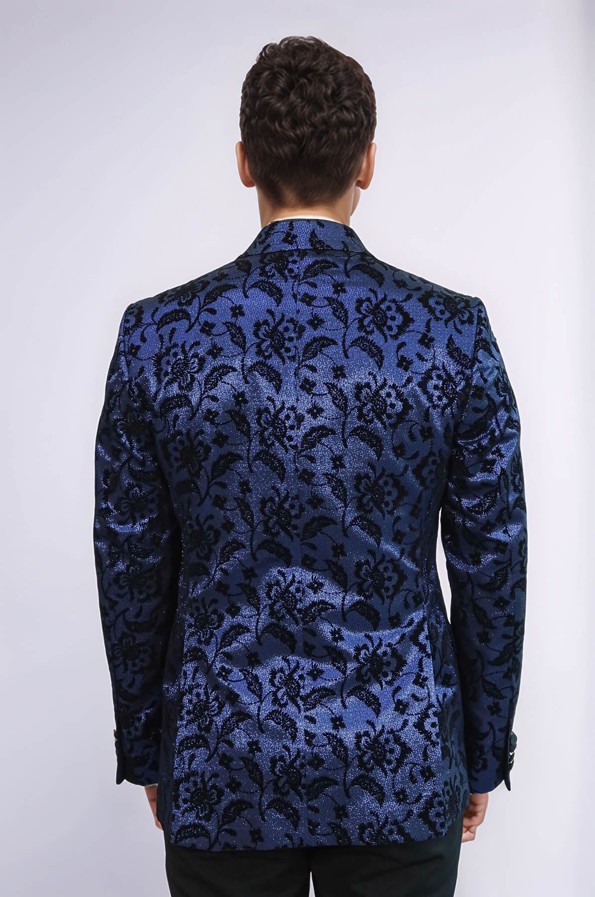 Floral Patterned Peak Lapel Navy Blue Men Stage Singer Jacket