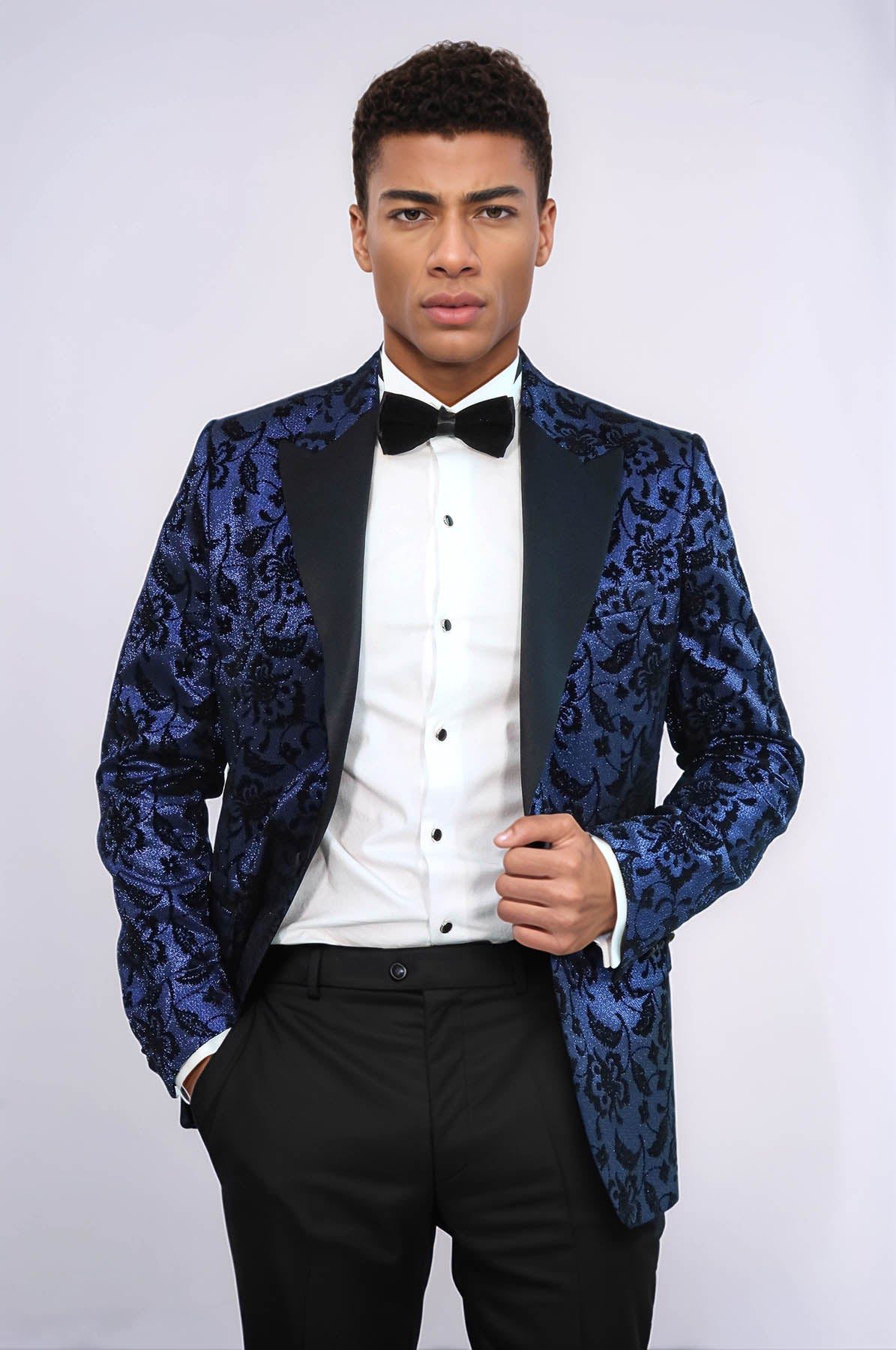 Floral Patterned Peak Lapel Navy Blue Men Stage Singer Jacket