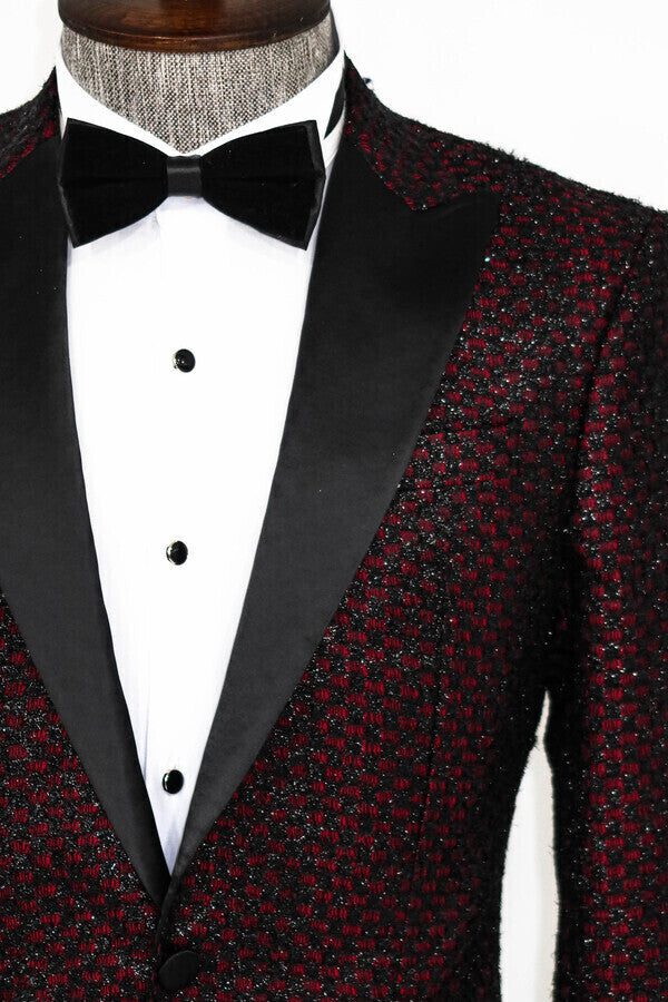 Gingham Patterned Glittery Burgundy Men Prom Party Blazer