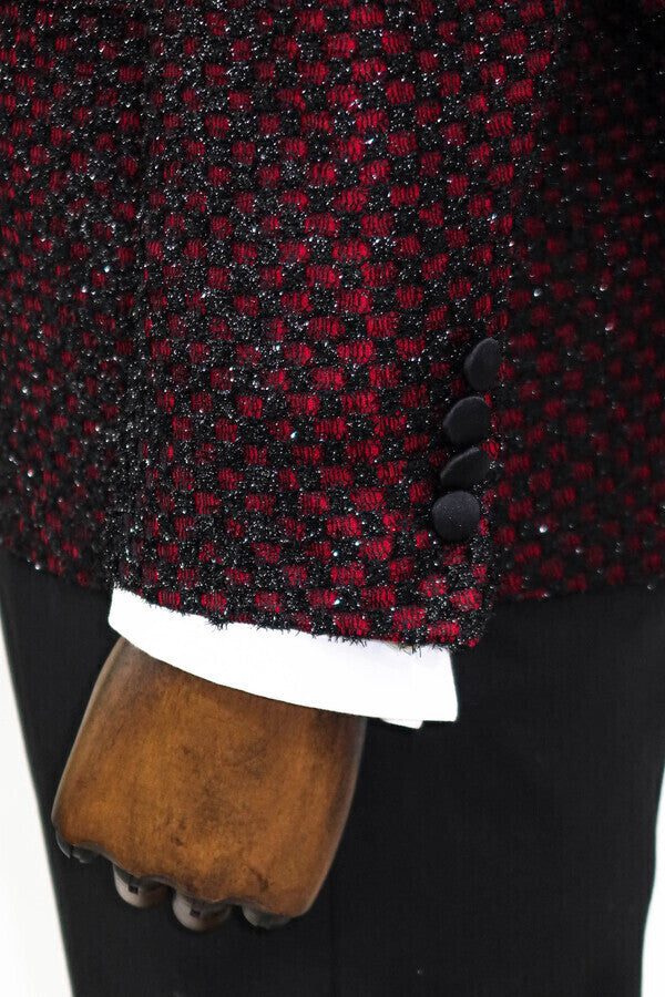 Gingham Patterned Glittery Burgundy Men Prom Party Blazer