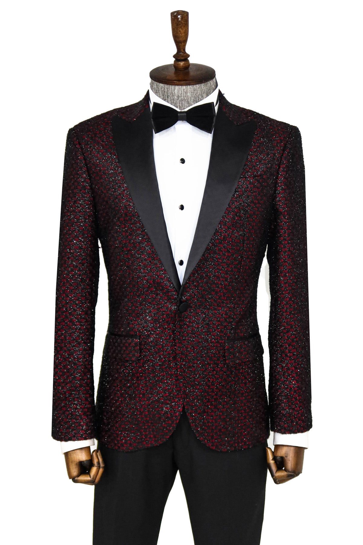 Gingham Patterned Glittery Burgundy Men Prom Party Blazer