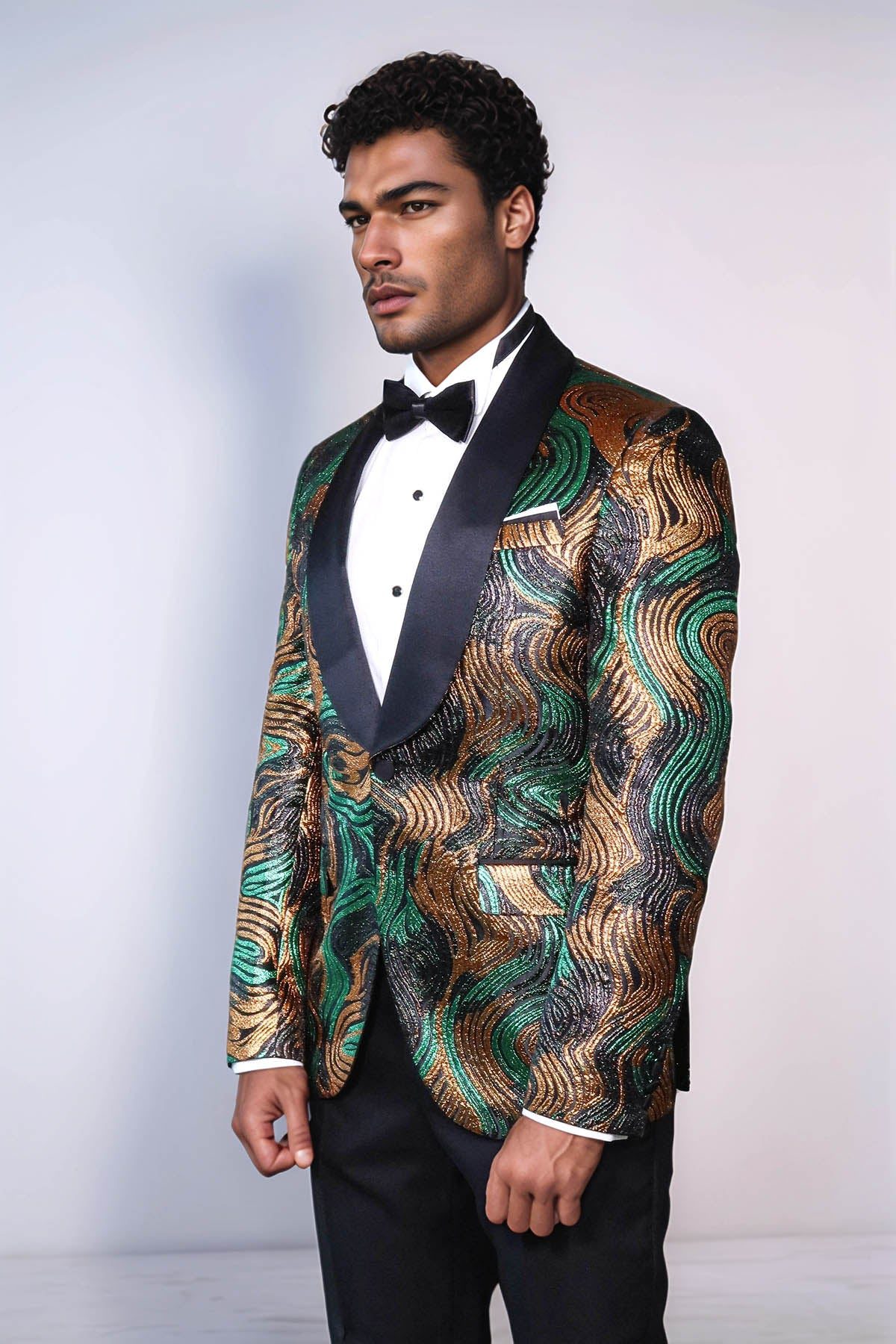 Gold-Green Patterned Over Black Men Stage Performers Jacket