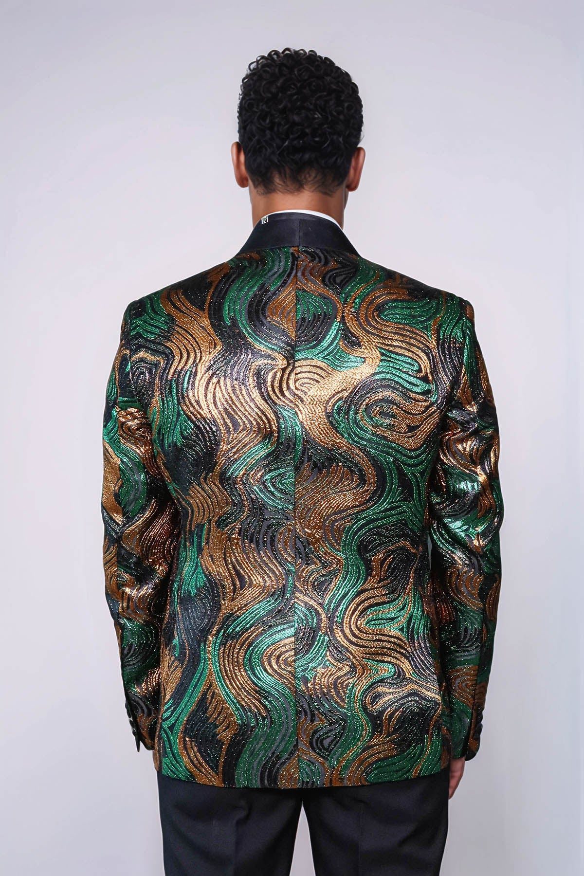 Gold-Green Patterned Over Black Men Stage Performers Jacket