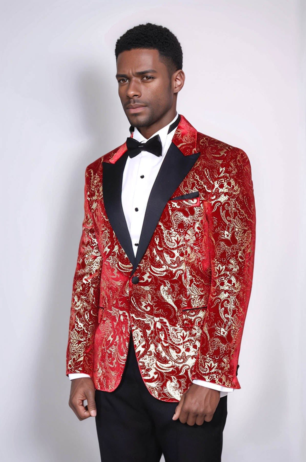 Gold Patterned Over Red Men Stage Tuxedo Blazer