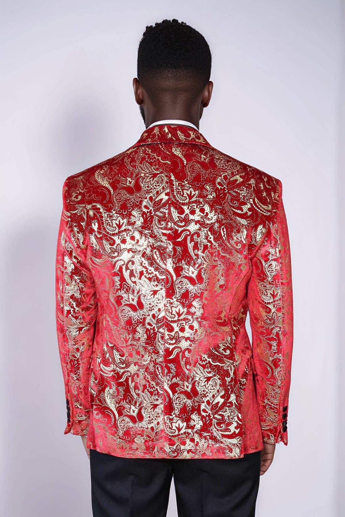 Gold Patterned Over Red Men Stage Tuxedo Blazer