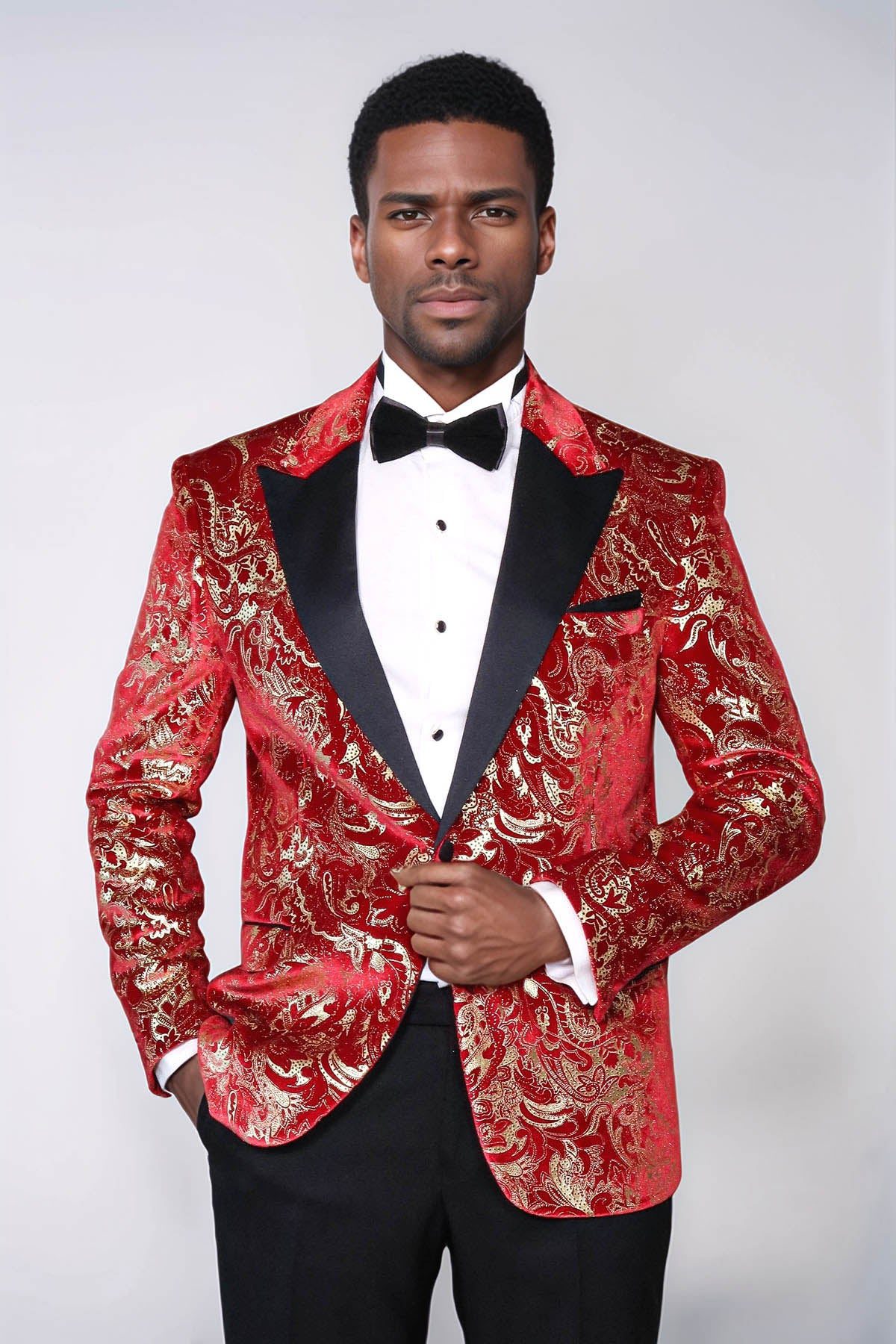 Gold Patterned Over Red Men Stage Tuxedo Blazer