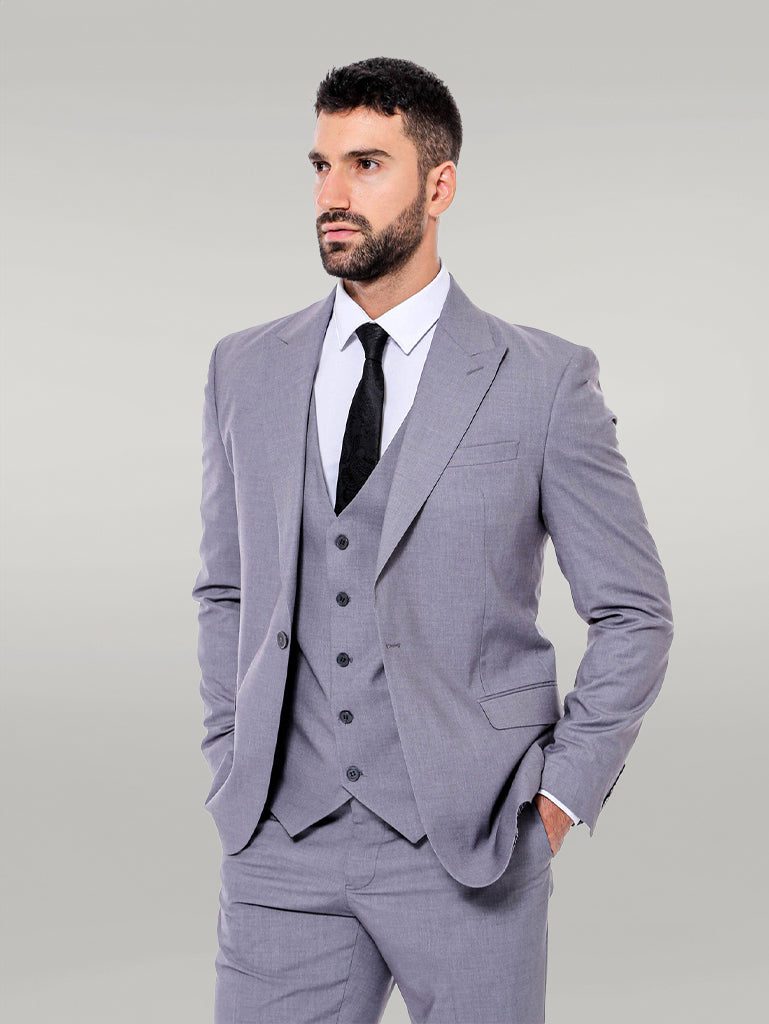 Grey Men's Plain Suit with Vest