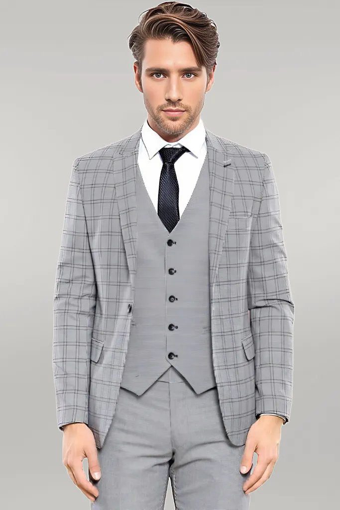 Grey Plaid Vested Men's Suit