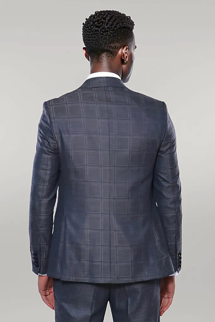 Navy Patterned Vested Suit