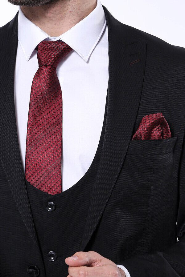 Patterned Black Vested Suit