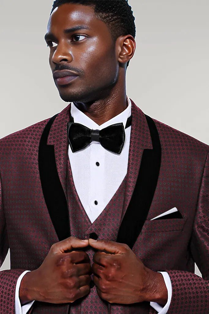 Patterned Burgundy Velvet Lapel Groom Suit