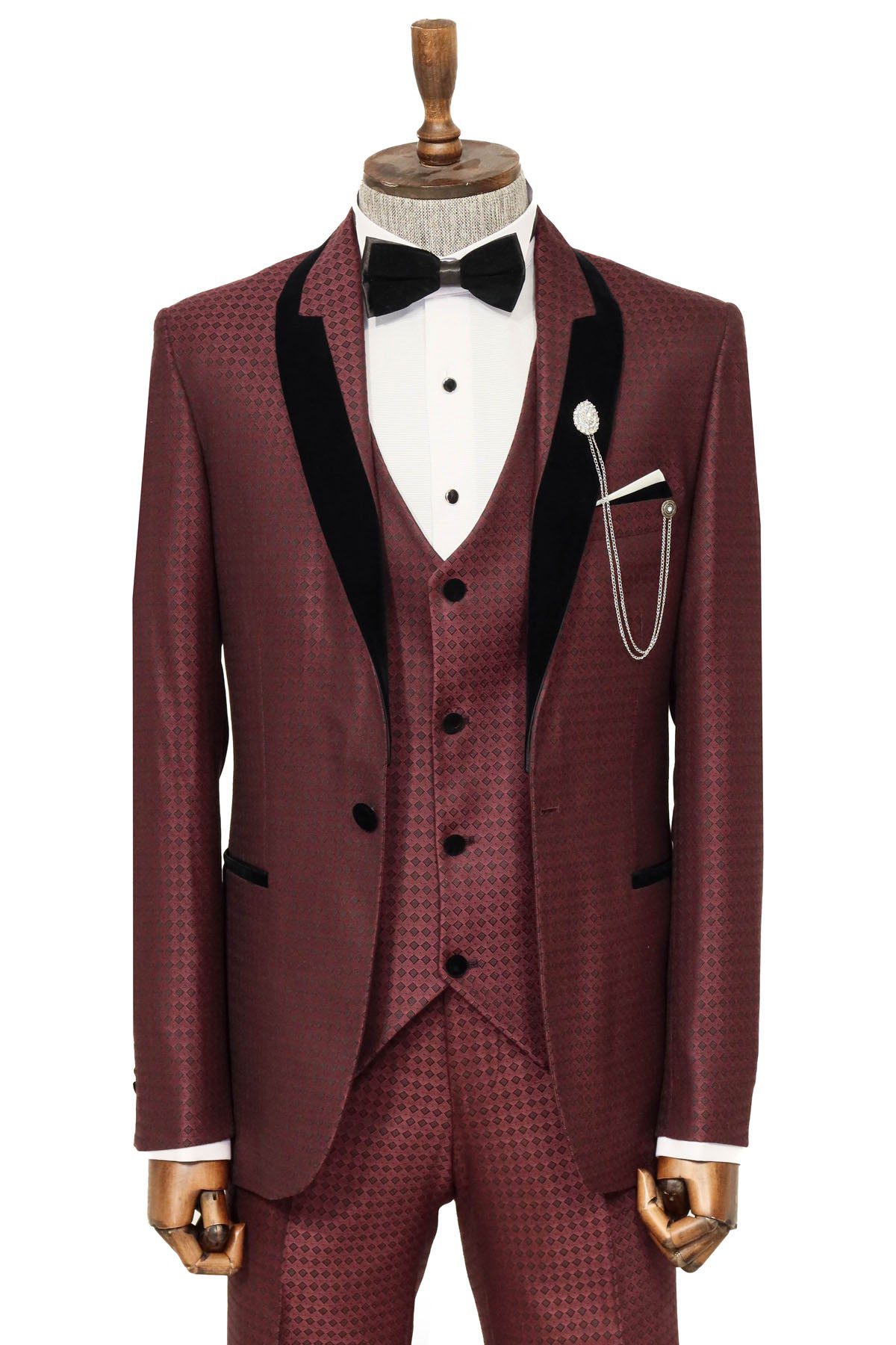 Patterned Burgundy Velvet Lapel Groom Suit