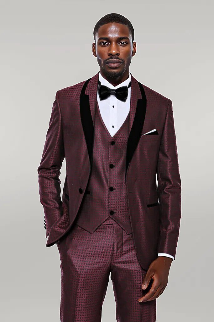 Patterned Burgundy Velvet Lapel Groom Suit