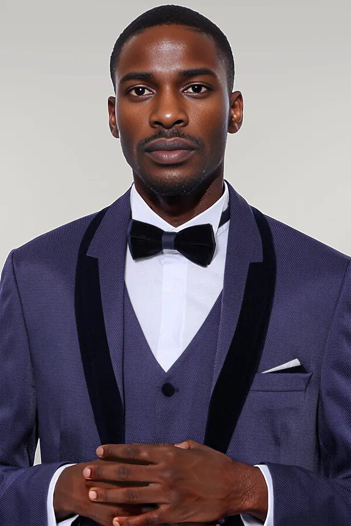 Patterned Navy Blue Velvet Lapel Tuxedo