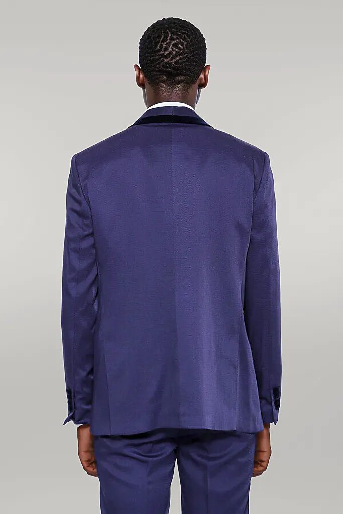 Patterned Navy Blue Velvet Lapel Tuxedo