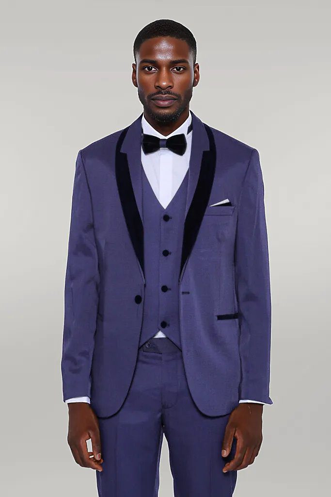 Patterned Navy Blue Velvet Lapel Tuxedo