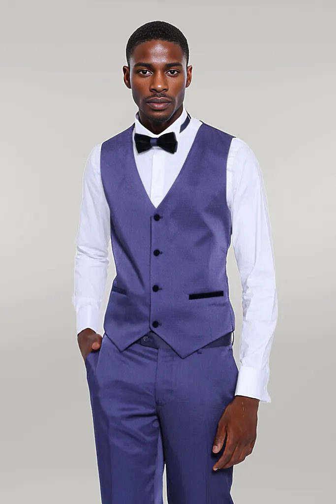 Patterned Navy Blue Velvet Lapel Tuxedo