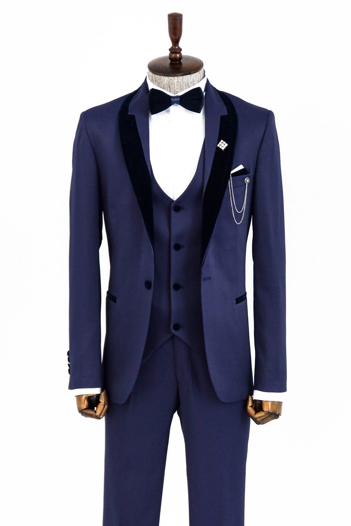 Patterned Navy Blue Velvet Lapel Tuxedo