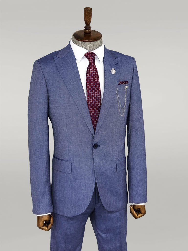 Patterned Two Piece Blue Men Suit