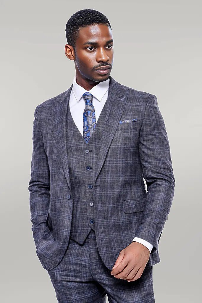 Patterned Vested Slim-Fit Navy Blue Men’s Suit